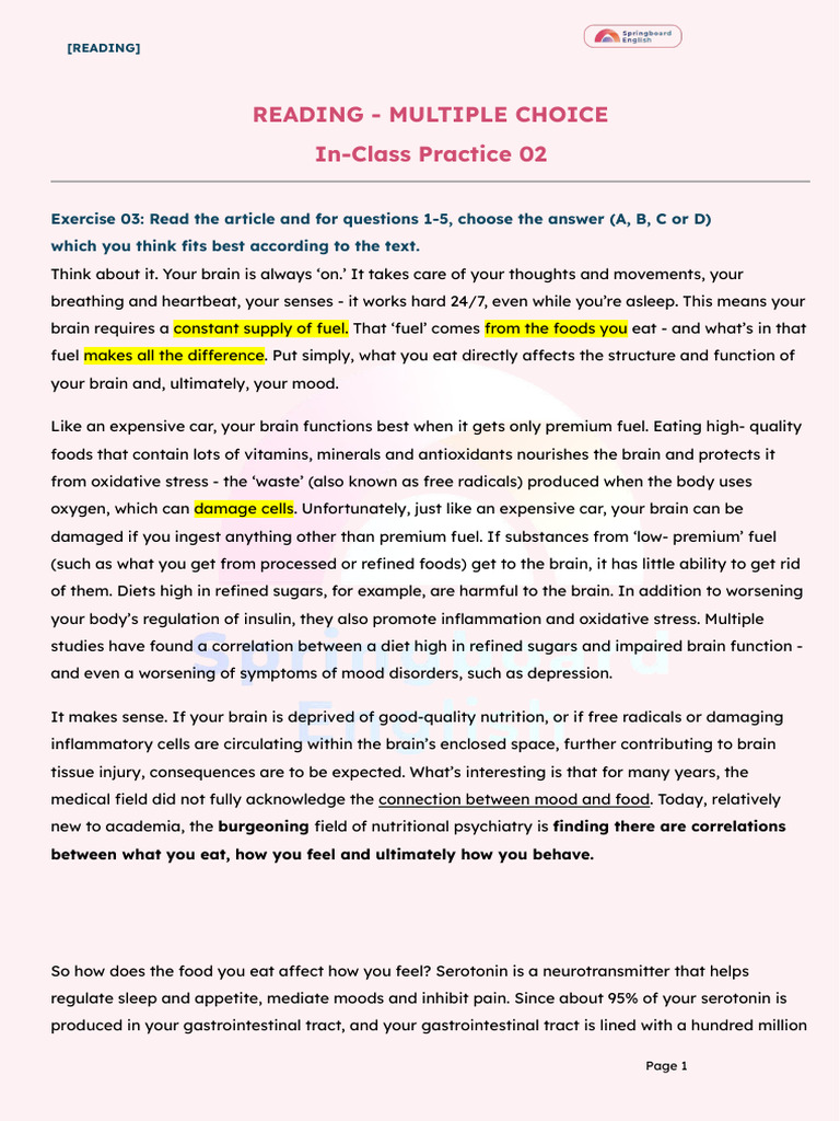 (Cpe) MCQ Reading In-Class Practice 02 | PDF | Serotonin | Probiotic