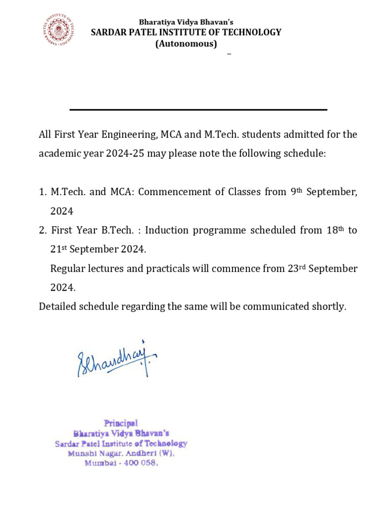 Sardar Patel Institute 2024 Class Start Dates | PDF