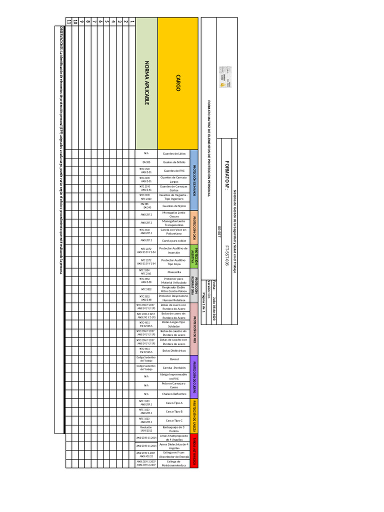 FT-SST-036 Formato Matriz de Elementos de Protección Personal | PDF | Materiales | Sector ...