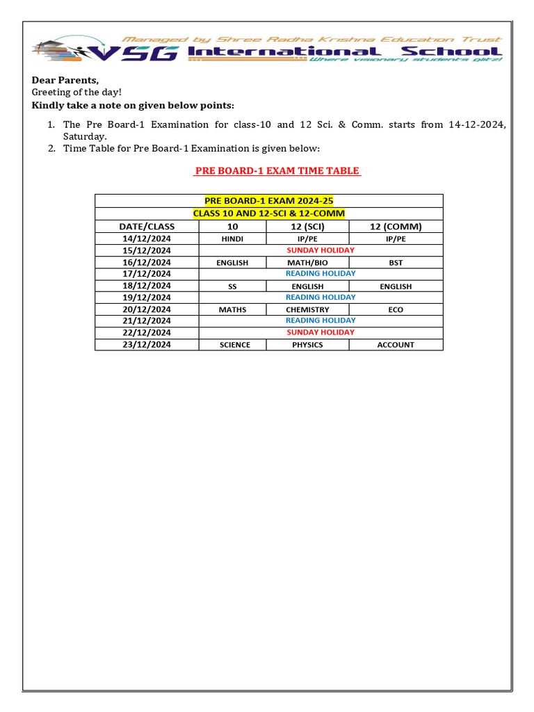 Pre-Board-1 Exam Time Table Class 10 and 12 | PDF