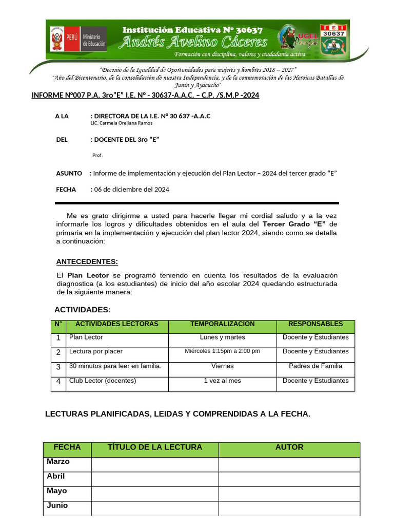 Informe Del Plan Lector 2024. | PDF | Aprendizaje | Modificación de ...