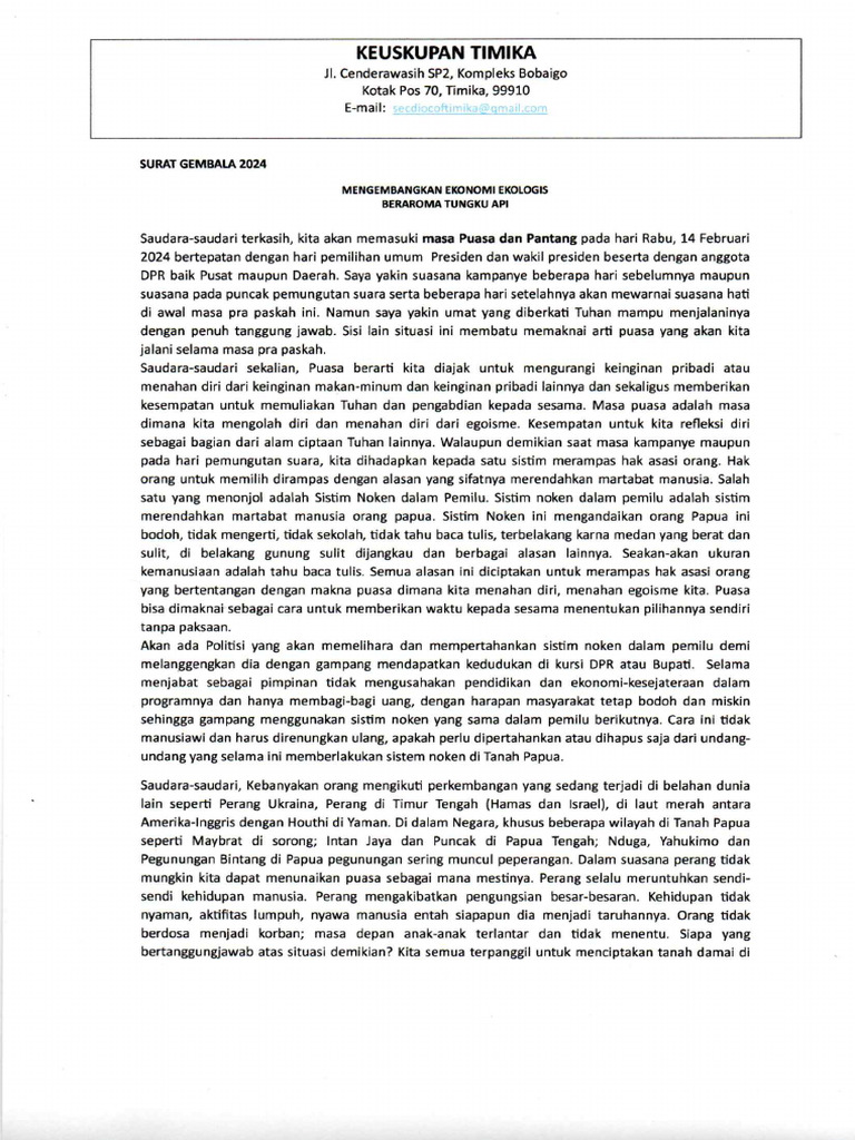 Surat Gembala Keuskupan Timika 2024 | PDF