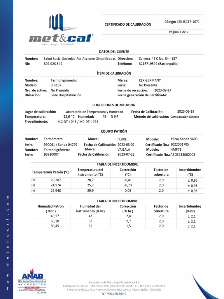 Certificado de Calibración de Termohigrómetro | PDF | Metrología | Science