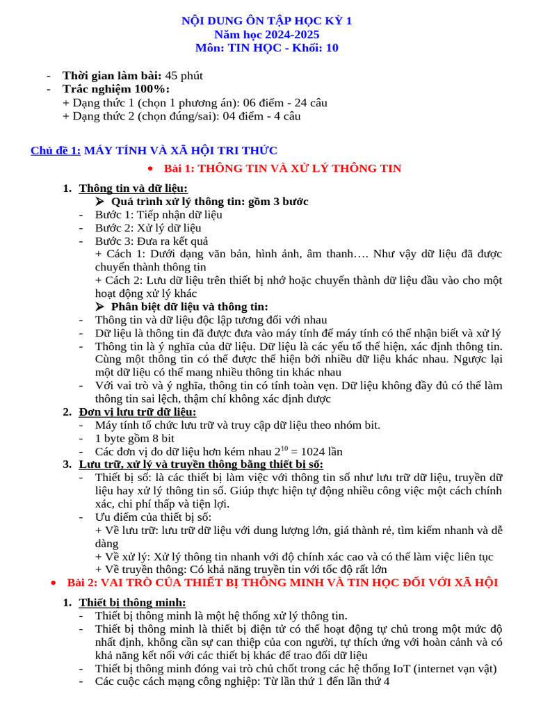 De Cuong On Tap HK1 - TIN 10 | PDF