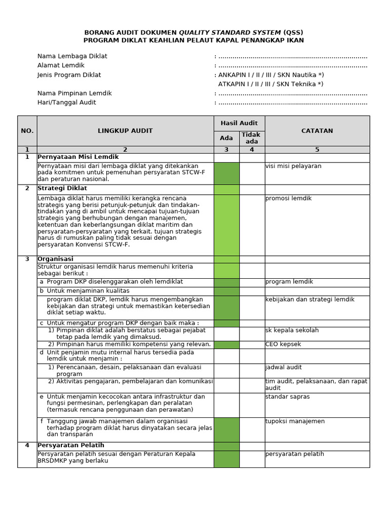 Borang Audit Dok. QSS | PDF