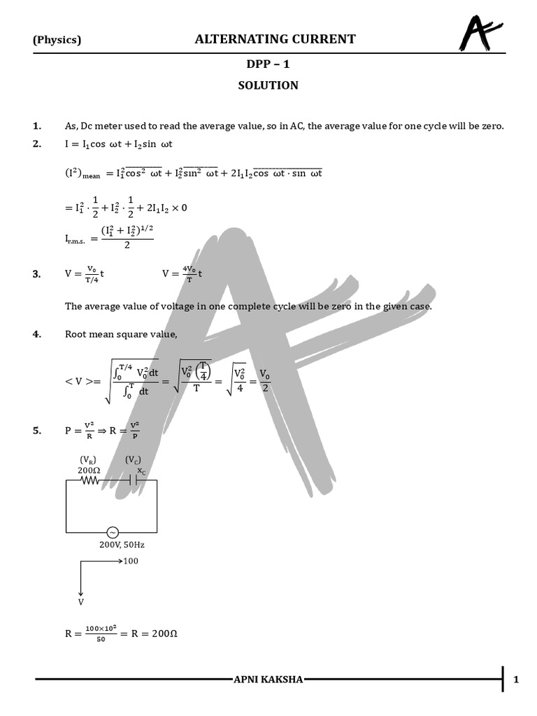 DPP - 01 (Solution) - Alternating Current | PDF | Alternating Current | Electronic Engineering