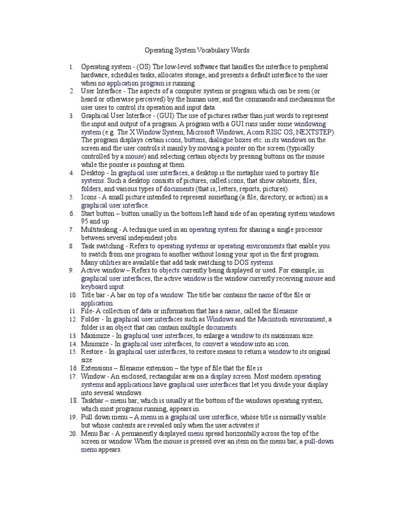 Operating System Vocabulary Words | PDF | Graphical User Interfaces | Operating System