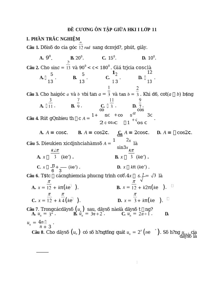 ĐỀ CƯƠNG ÔN TẬP GIỮA HKI I LỚP 11 | PDF