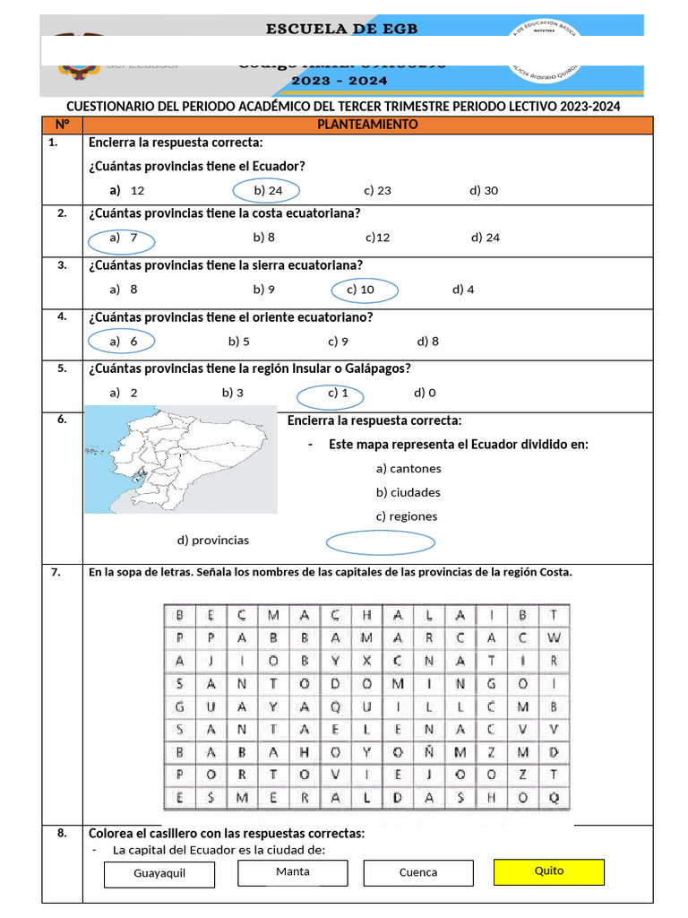 Cuestionario EESS 3ER TRIMESTRE 4TO EGB GABY | PDF | Ecuador