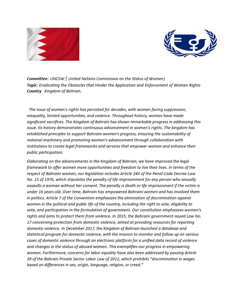 Bahrain Position Paper Final | PDF | Gender Studies | Discrimination ...