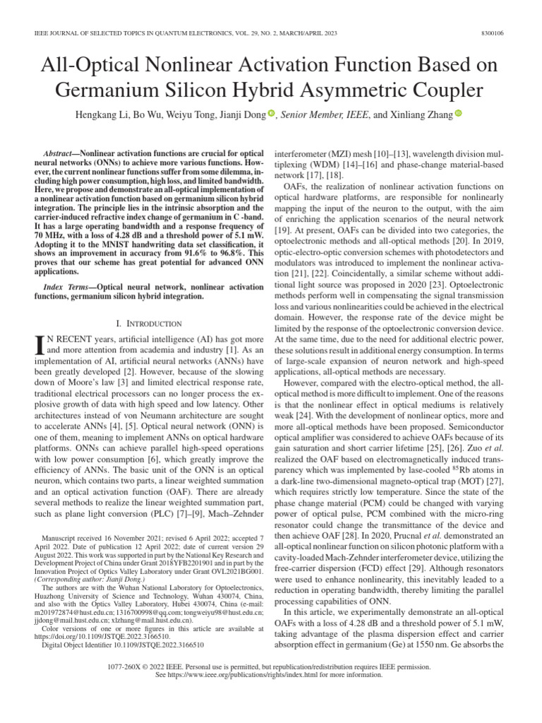All-Optical Nonlinear Activation Function Based On Germanium Silicon Hybrid Asymmetric Coupler ...