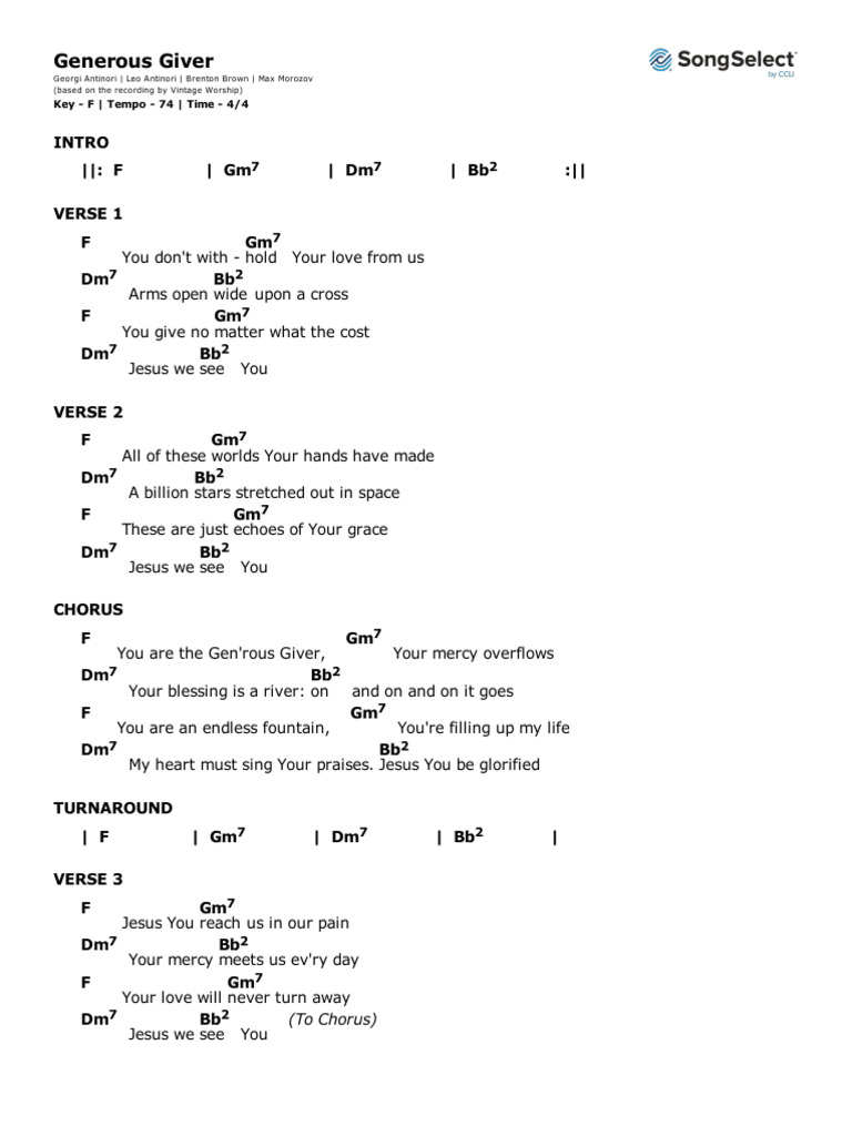 Generous Giver - SongSelect Chart in F | PDF | Religious Belief And ...