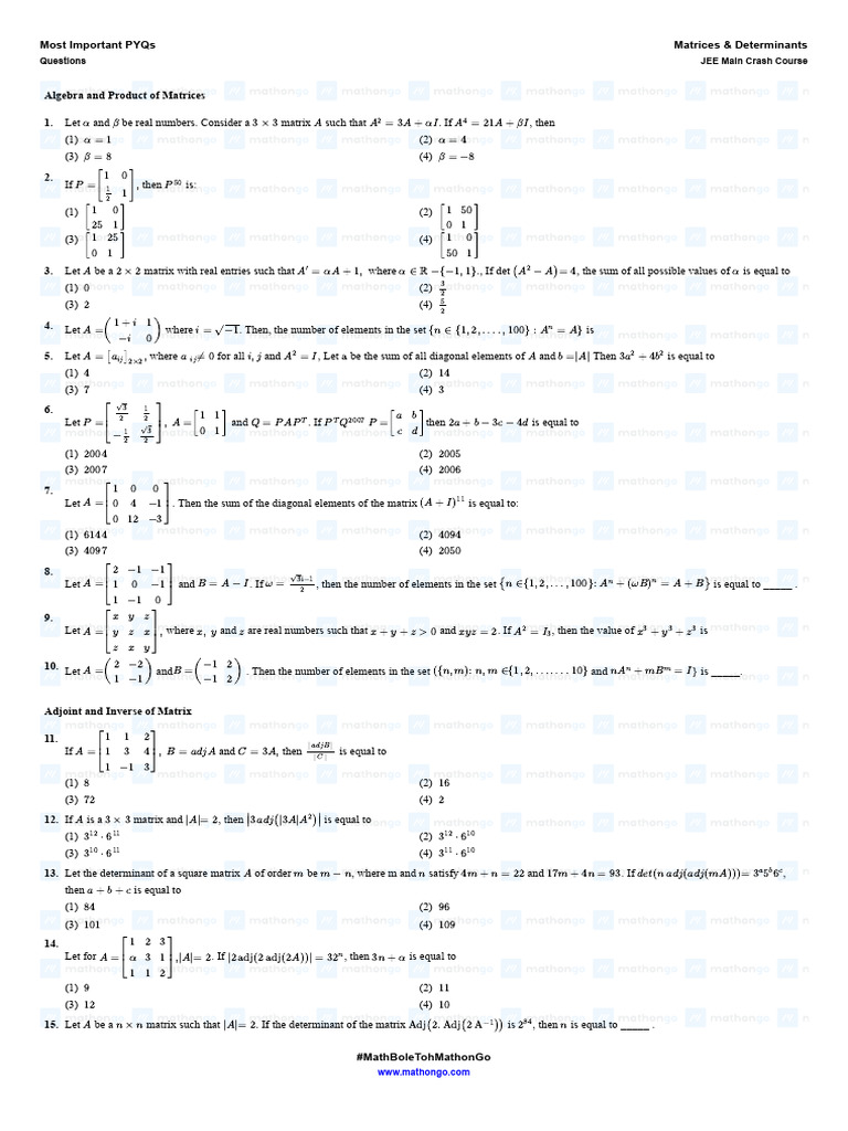 PYQs Matrices & Determinants | PDF | Matrix (Mathematics) | Determinant