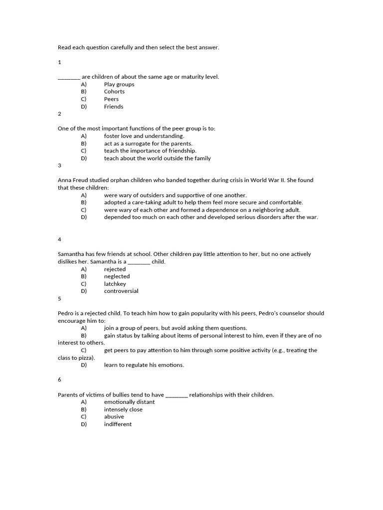 sample quiz | PDF | Adolescence | Friendship