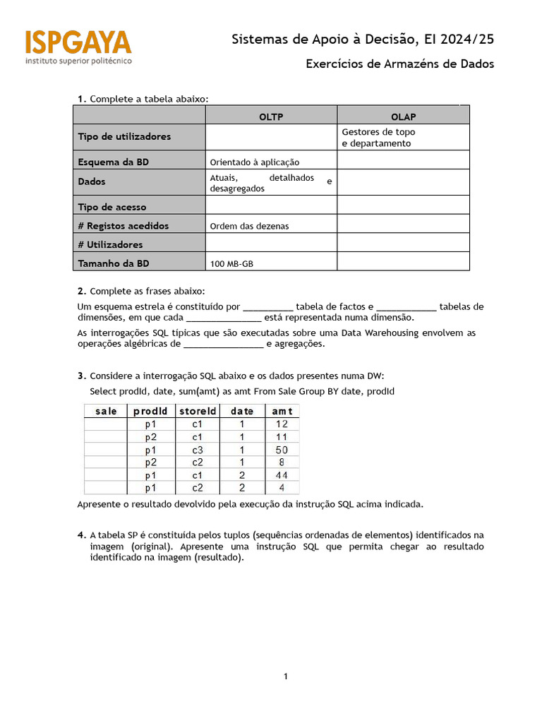 Exercicios DataWarehousing | PDF | Armazém de dados | SQL