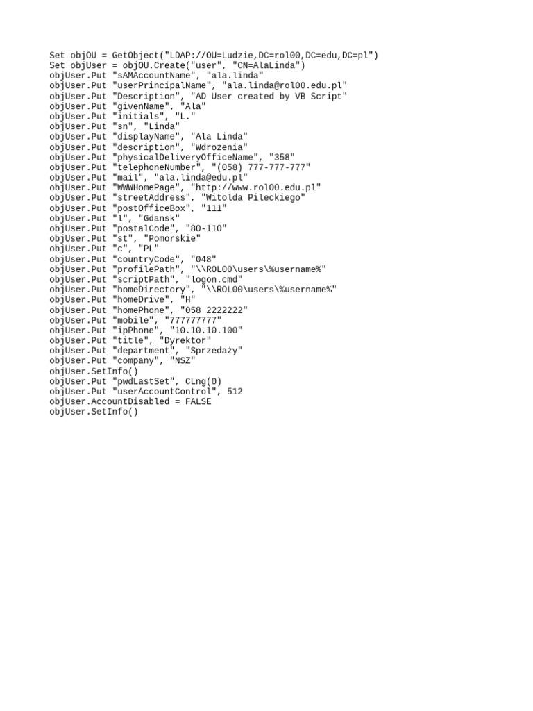 Set objOU GetObject (LDAPOU Ludzie | PDF