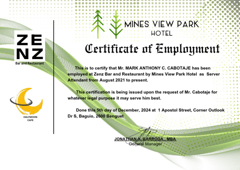 Employment Certificate for Mark Cabotaje | PDF