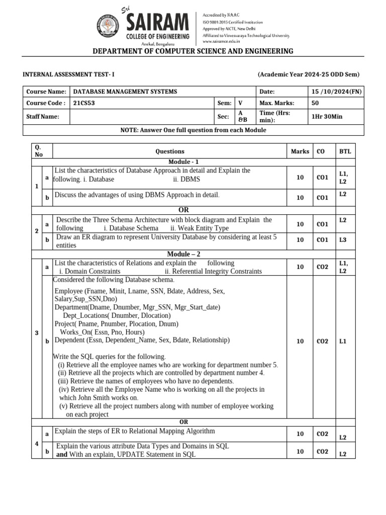 IA 1 - QP IOT-18CS735 SET 1 | PDF | Databases | Data Management Software