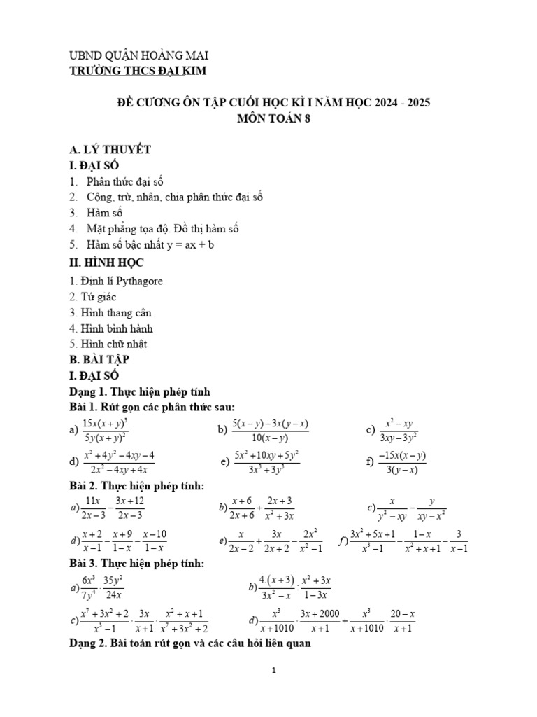 Toán 8 đề cương HKI (24-25) | PDF