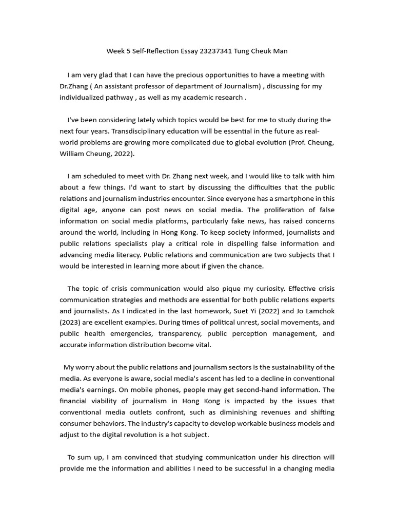 Week5 Self-Reflection Essay | PDF | Journalism | Mass Media