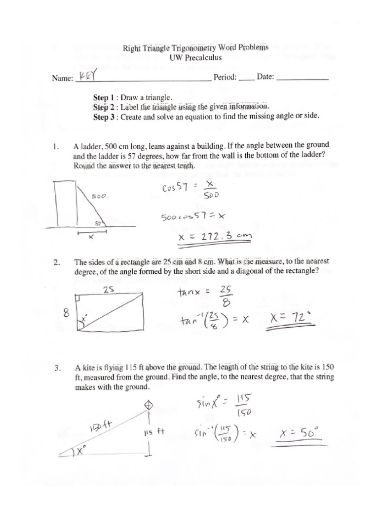 UWPC Chap 17 Right Triangle Trig Word Problems Key | PDF