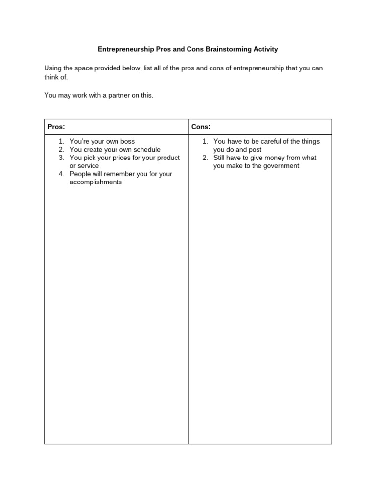 Activity 10 Entrepreneurship Pros and Cons Brainstorm | PDF