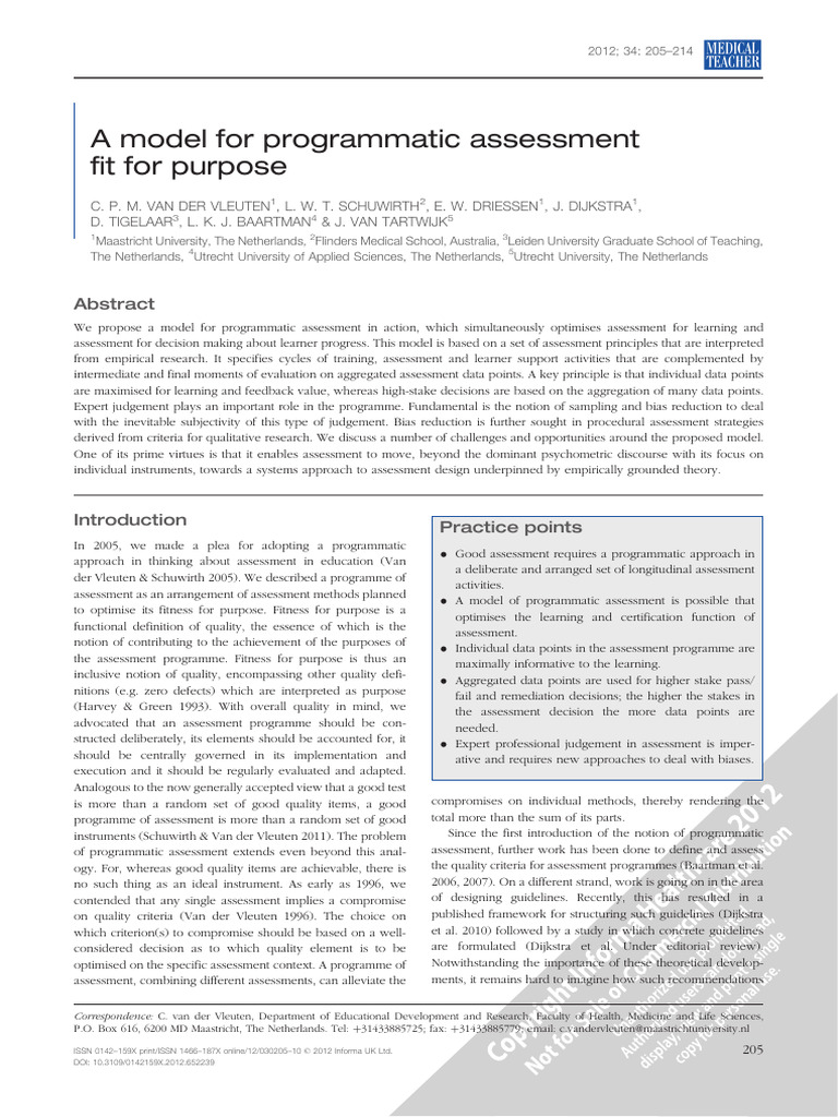 A Model For Programmatic Assessment Fit For Purpose. | PDF ...