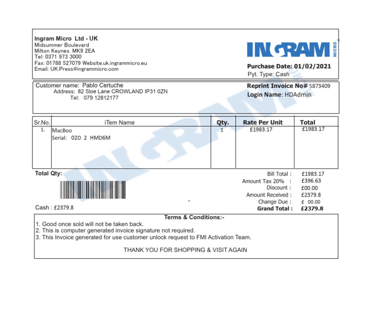 Ingram Micro Invoice for MacBook Pro | PDF