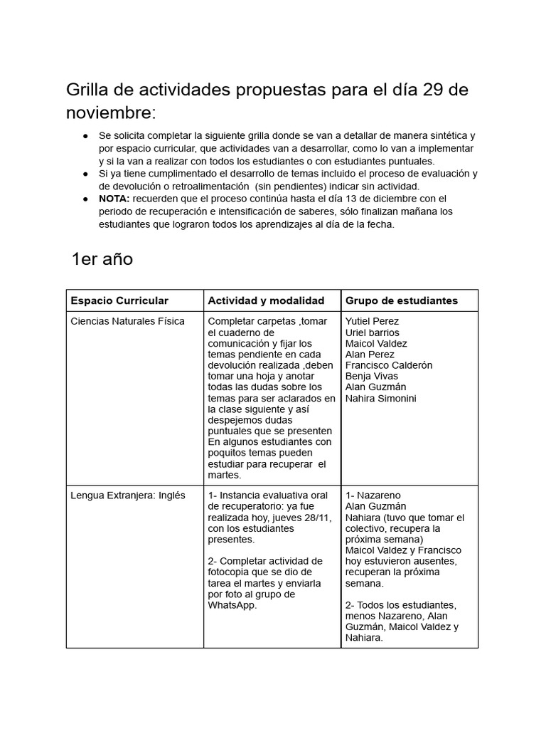 Grilla de Actividades 29-11 | PDF