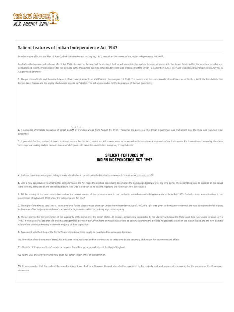 Salient Features of Indian Independence Act 1947 - The Law Study | PDF ...