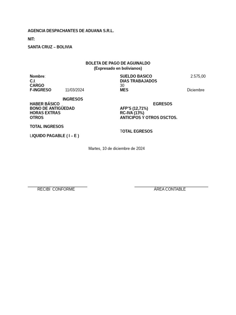 BOLETA DE PAGO DE AGUINALDO GESTION 2024- | PDF