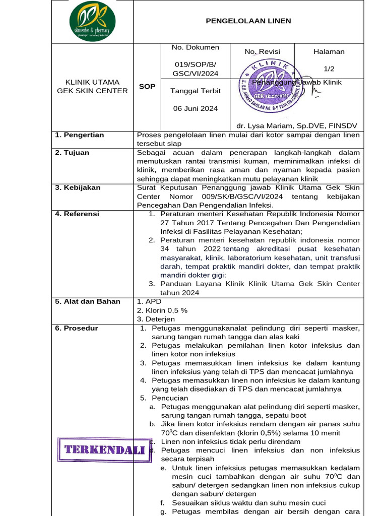 Sop Pengelolaan Linen | PDF