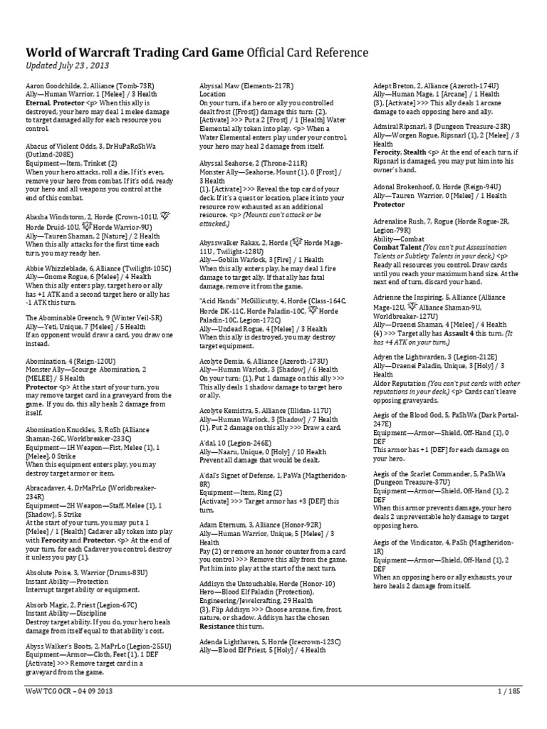 World of Warcraft TCG Card Reference | PDF
