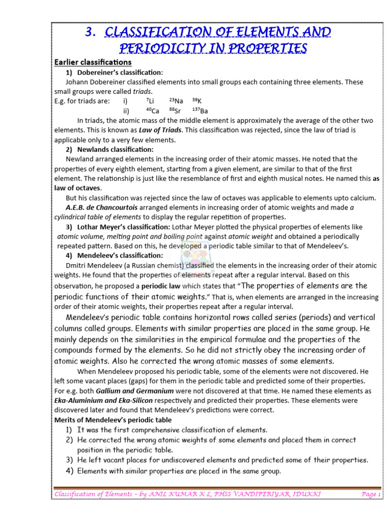 Hsslive - in - Xi - Chem - 3. Classification of Elements | PDF | Periodic Table | Ion