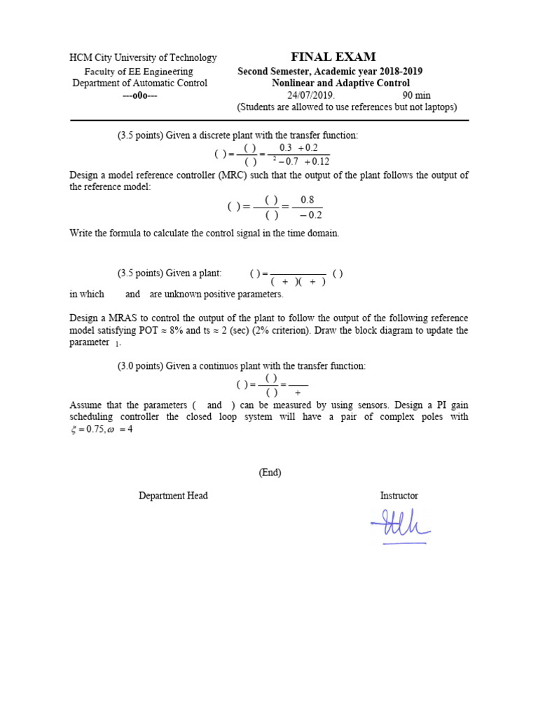 NonlinearAdaptiveCtrl Final Exam 2nd Semester 1819 Solution | PDF | Control Theory | Applied ...