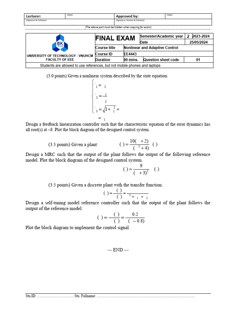 NonlinearAdaptiveCtrl Final Exam Semester232 01 Solution | PDF | Nonlinear System | Applied ...