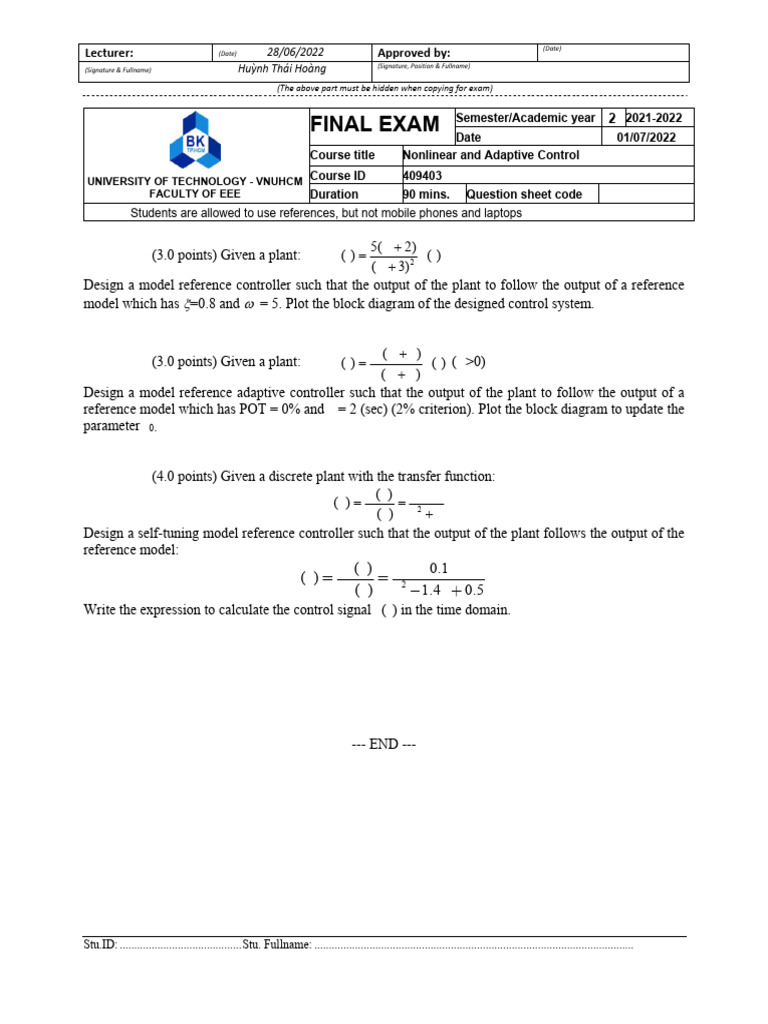 NonlinearAdaptiveCtrl Final Exam 2nd Semester 2122 Solution | PDF | Computer Engineering ...