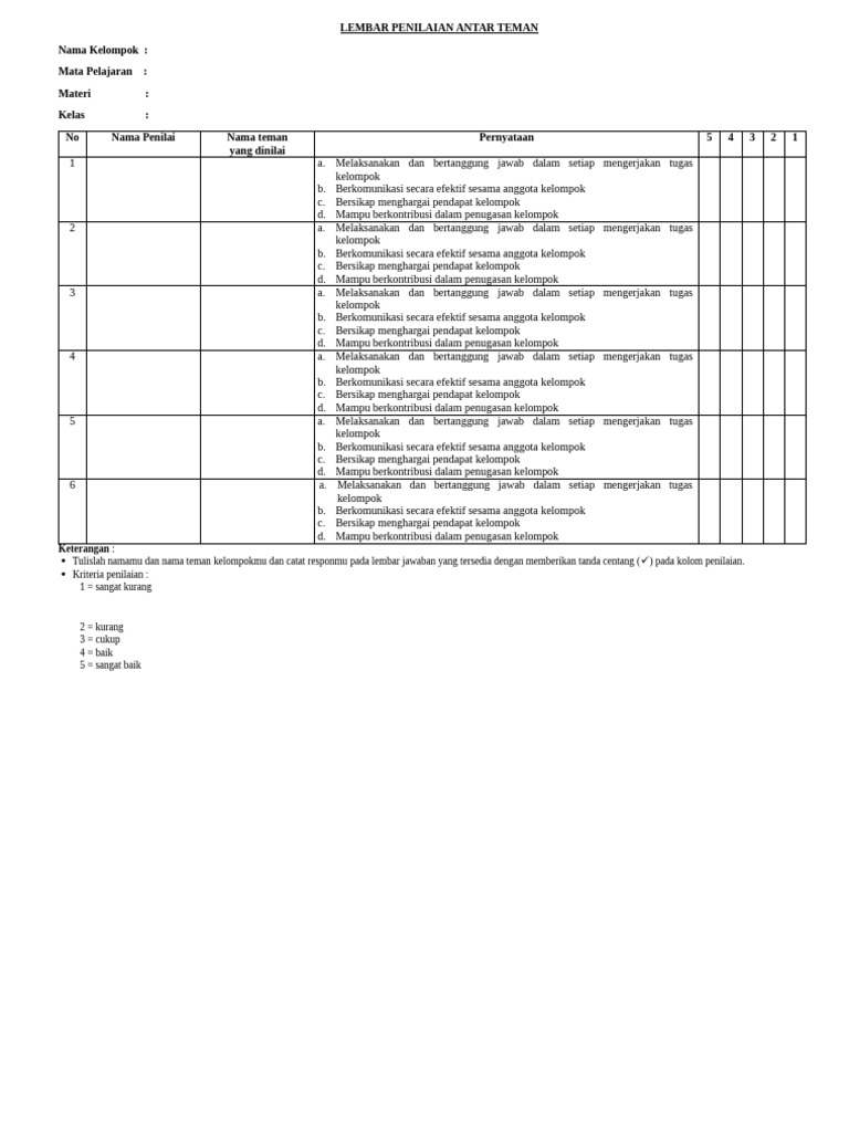 Lembar Peer Assessments | PDF