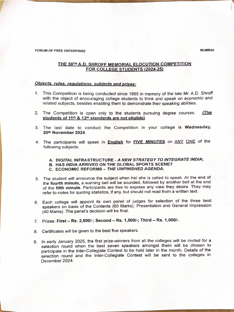 A. D. Shroff Elocution Competition | PDF