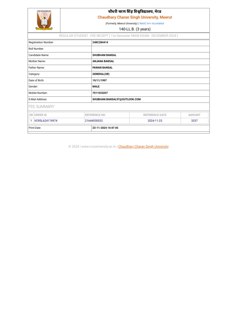 Registration Fee Receipt | PDF