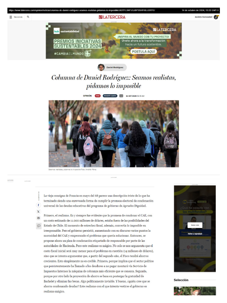 Screencapture Latercera Opinion Noticia Columna de Daniel Rodriguez Seamos Realistas Pidamos Lo ...