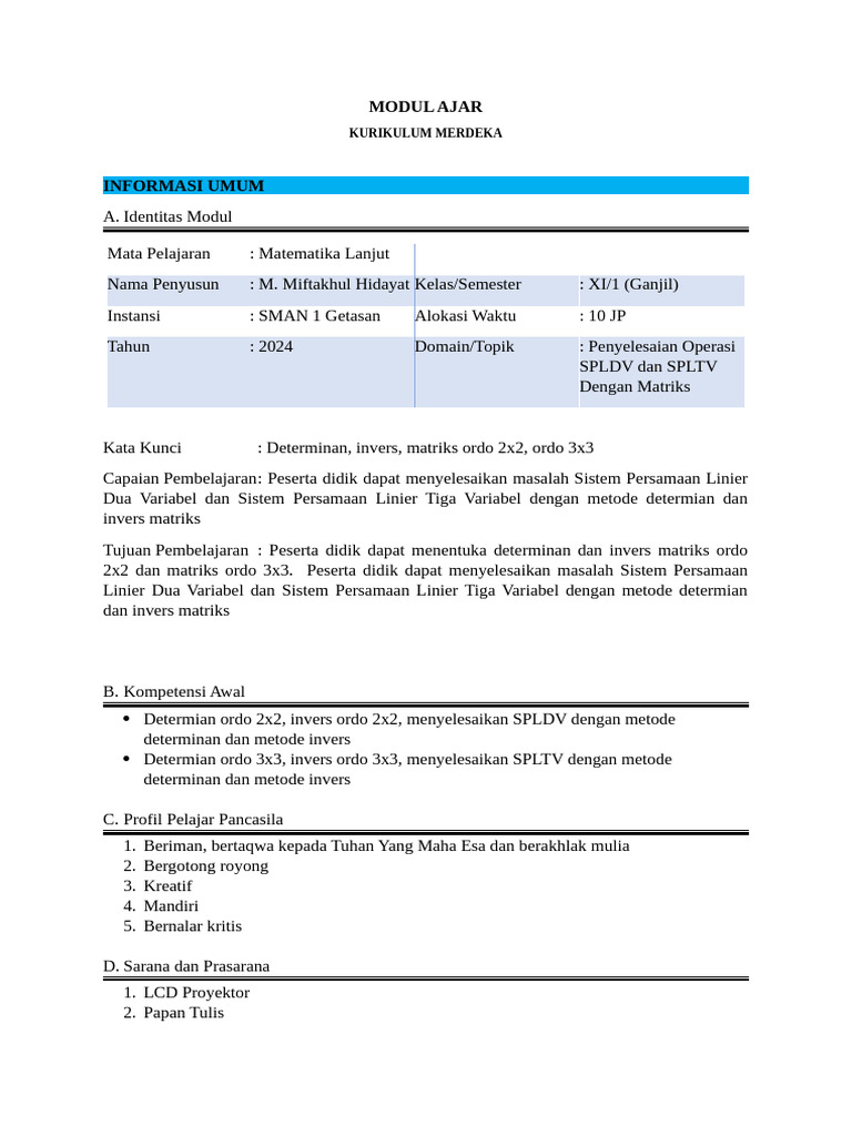 Modul Ajar Matriks Xi A | PDF