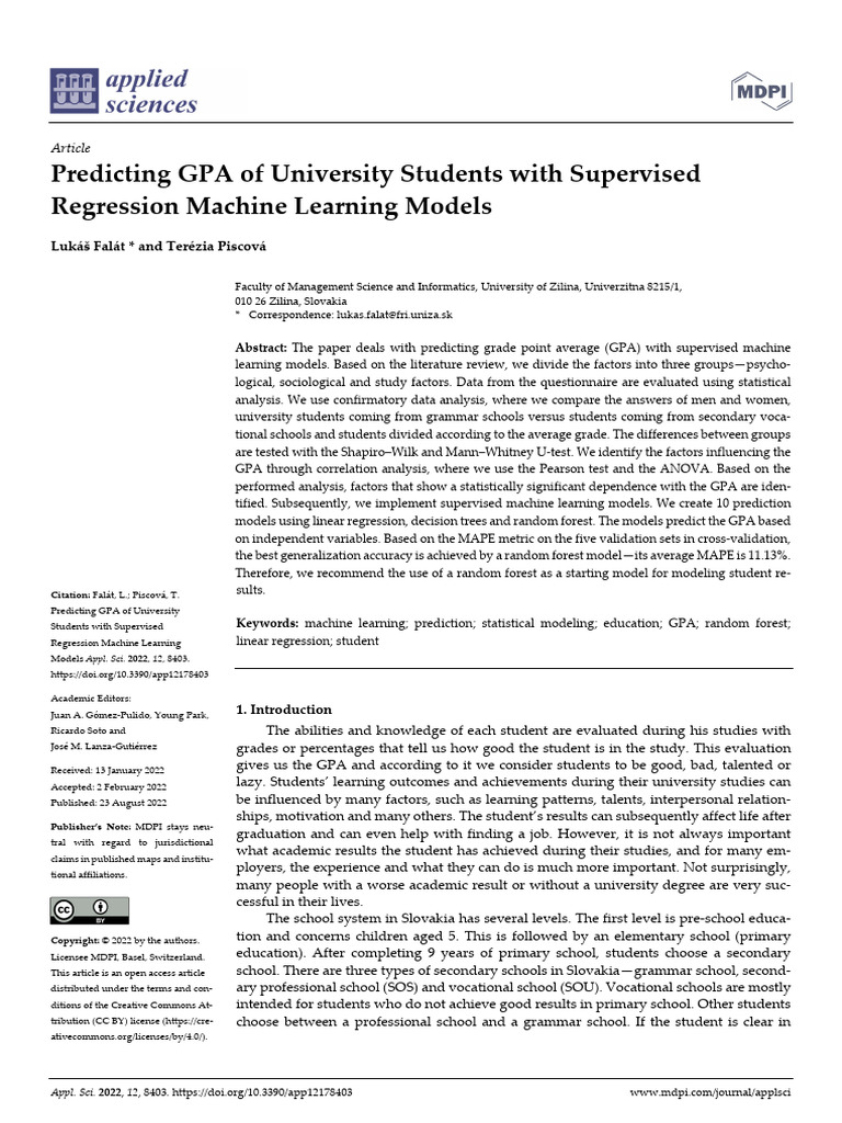 Predicting GPA of University Students With Supervi | PDF | Regression Analysis | Linear Regression