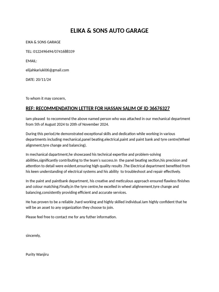 Elika & Sons Auto Garage: Ref: Recommendation Letter For Hassan Salim ...