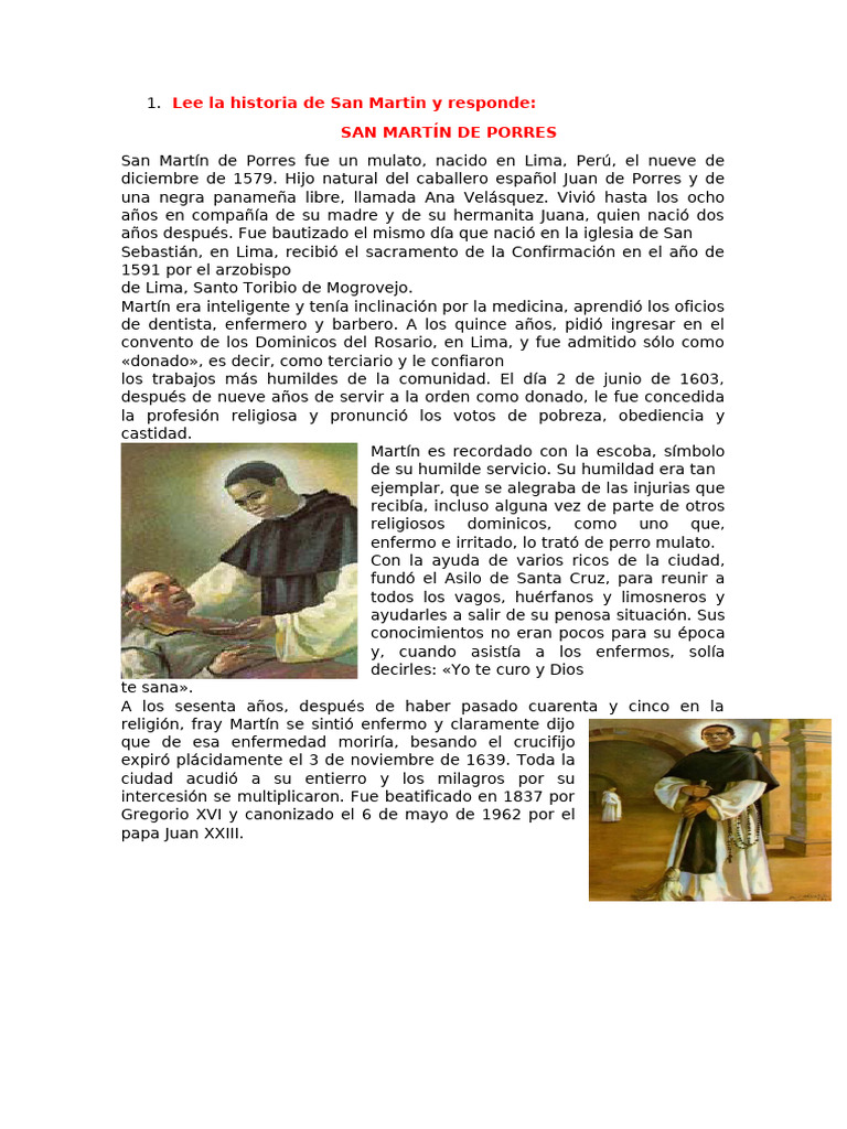 Lee La Historia de San Martin y Responde | PDF