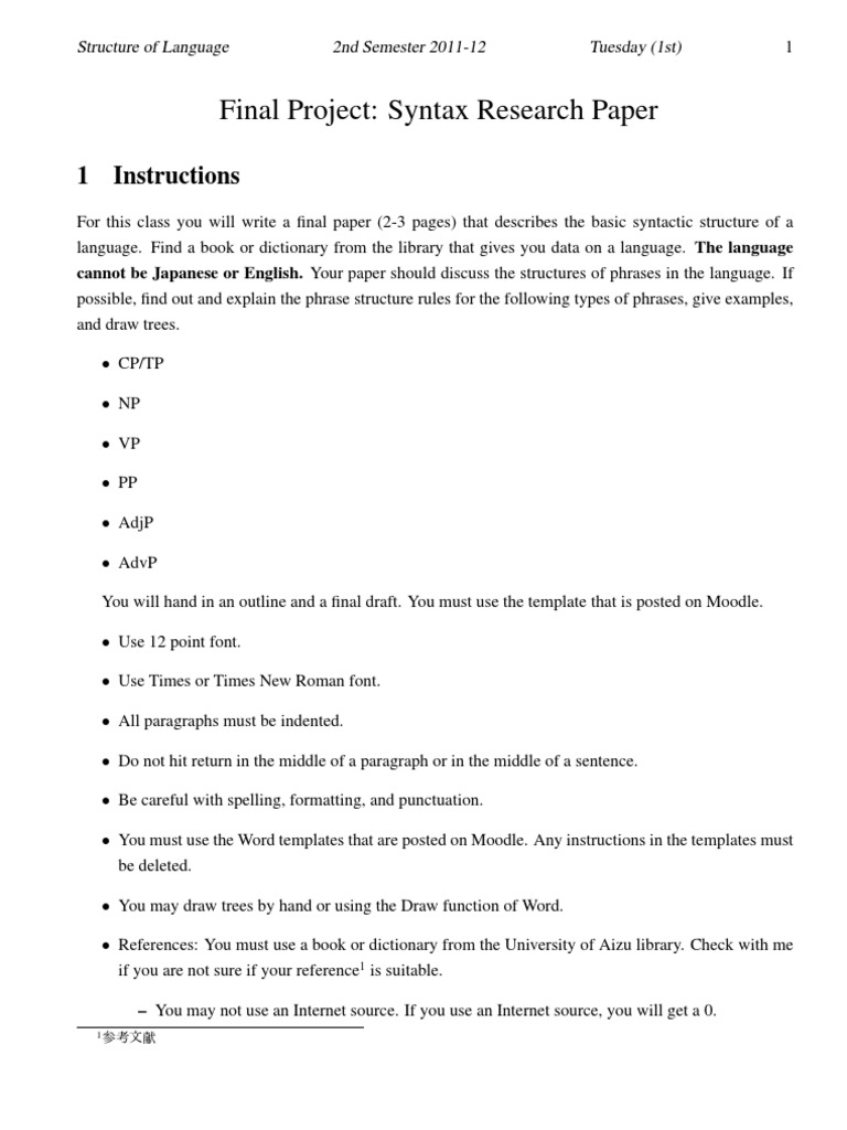 Final Project: Syntax Research Paper: 1 Instructions | PDF | Phrase | Syntax