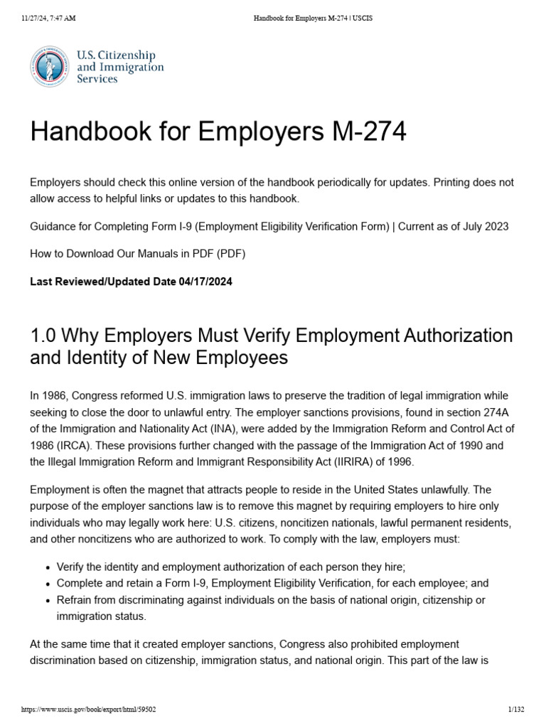 Handbook For Employers M-274 - USCIS | PDF | E Verify | Immigration