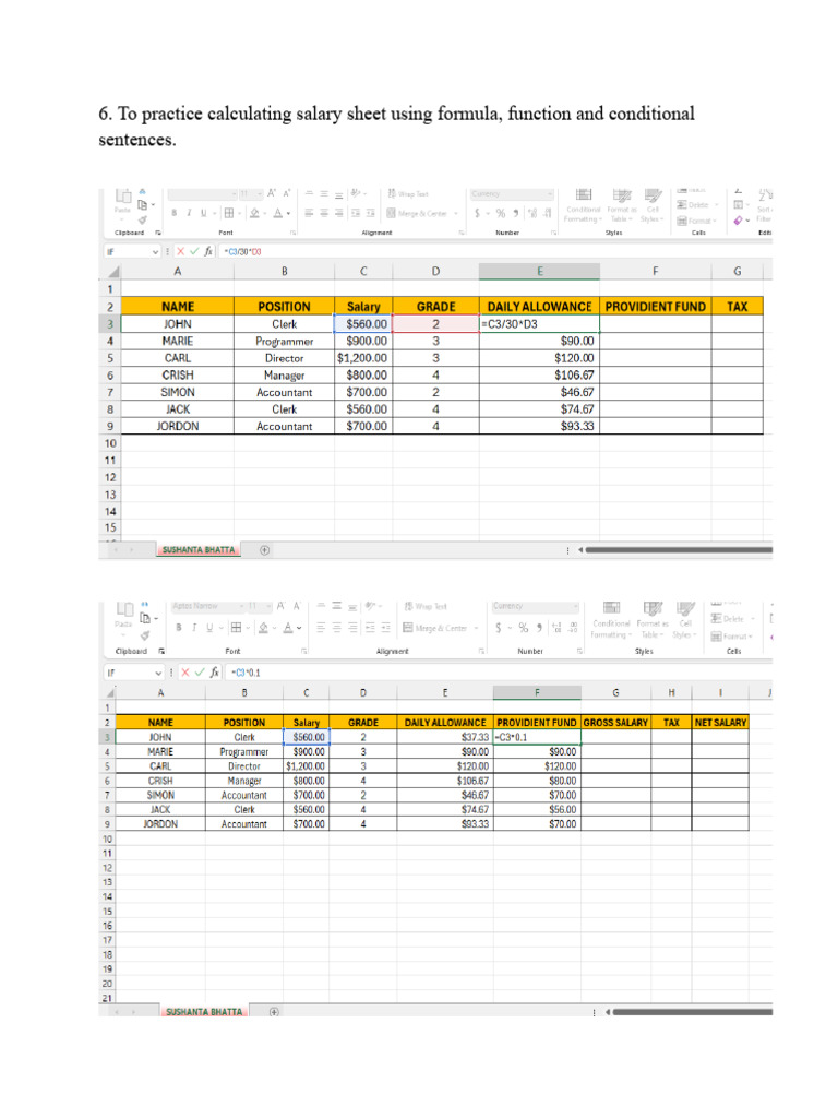 To Practice Calculating Salary Sheet Using Formula, Function and ...