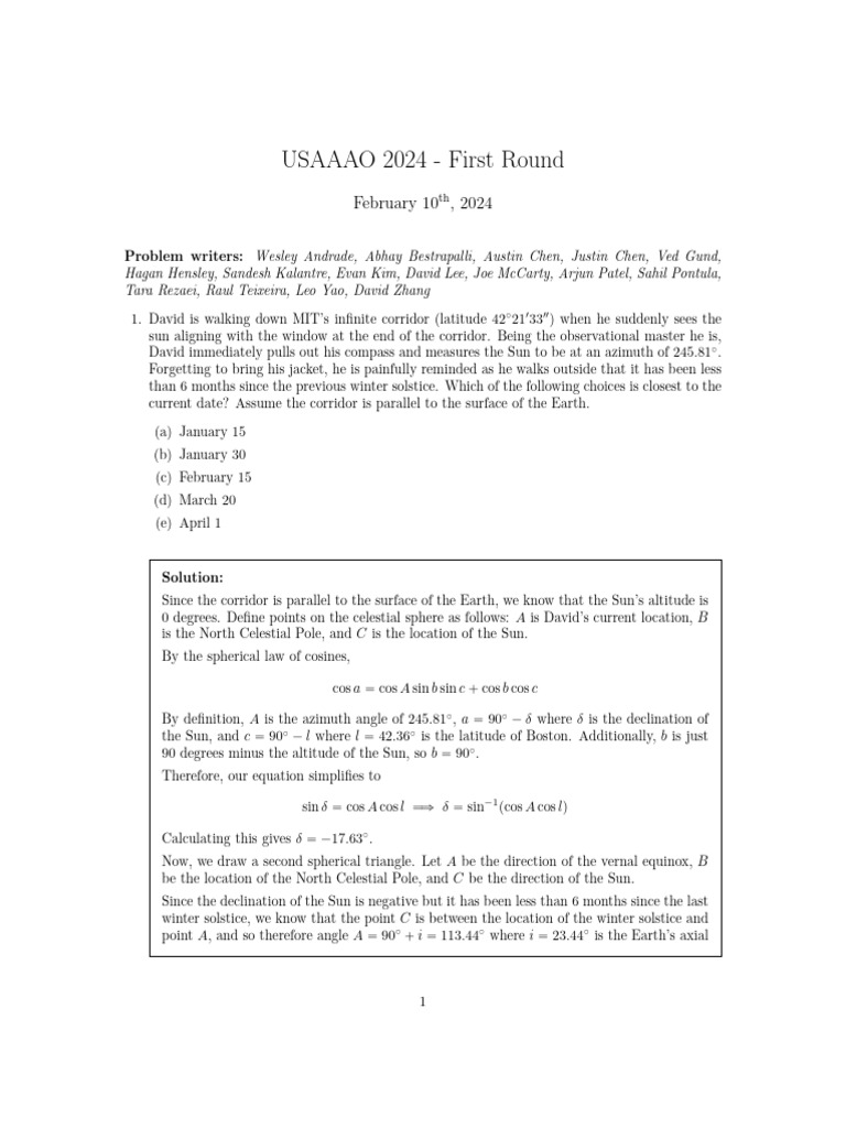 Usaaao First Exam 2024 Solutions-1 | PDF | Orbit | Stars