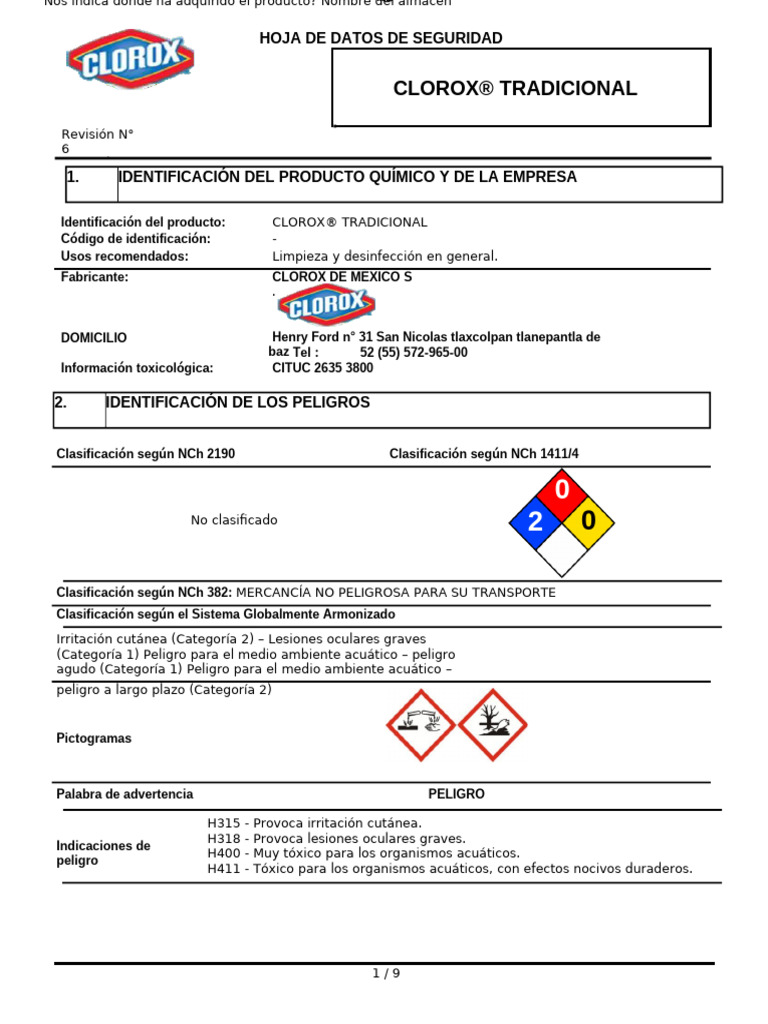 Hoja de Seguridad Clorox 2023 | PDF | Residuos | Agua